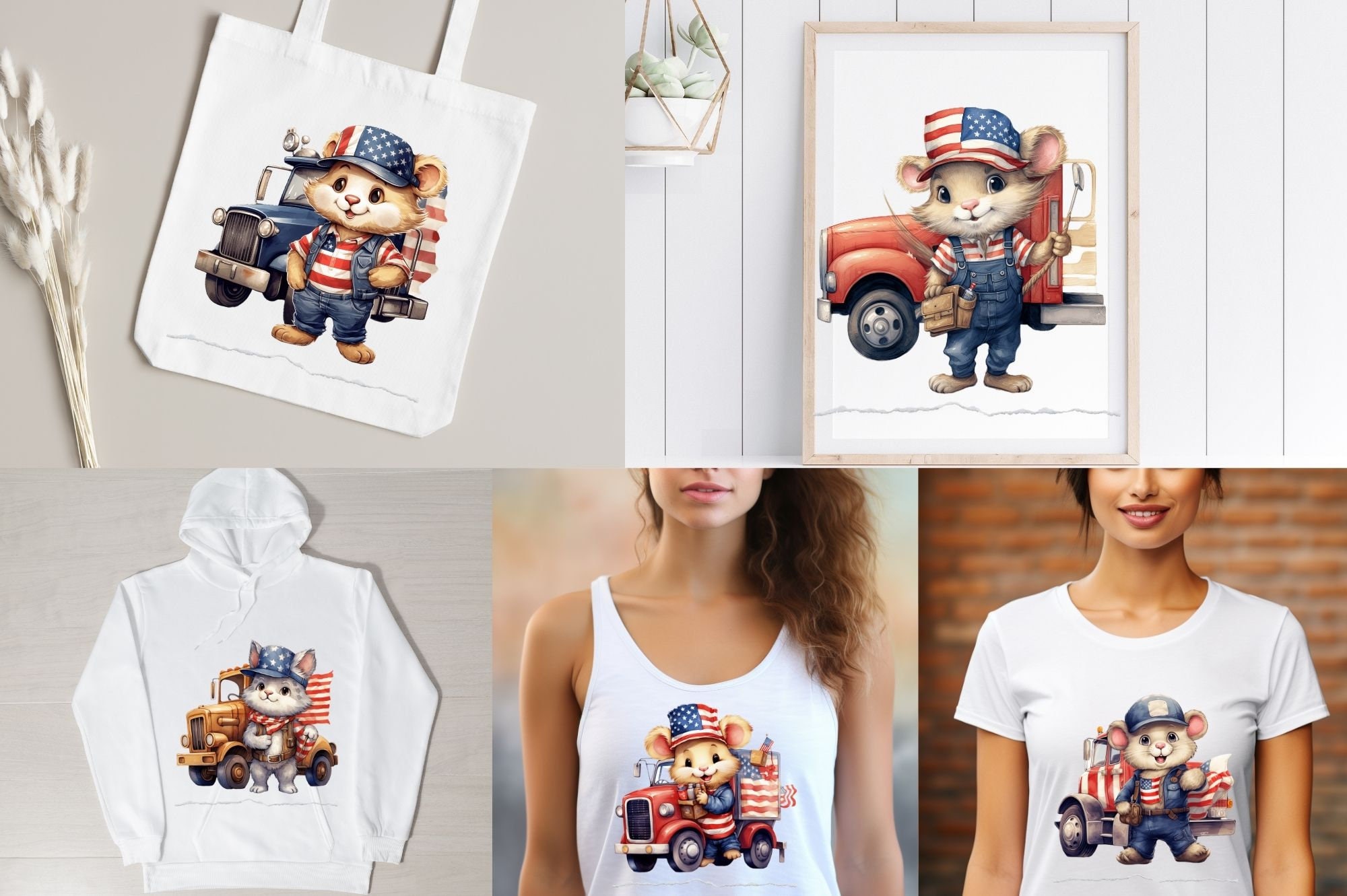 Cartoon Trucker USA Flag Watercolor Clipart Png, Trucks Boys Clipart ...