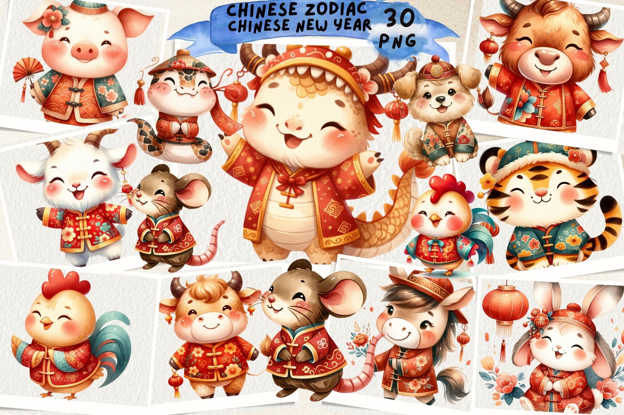 Chinese Zodiac Watercolor Clipart, Animal Signs China, Chinese New Year ...