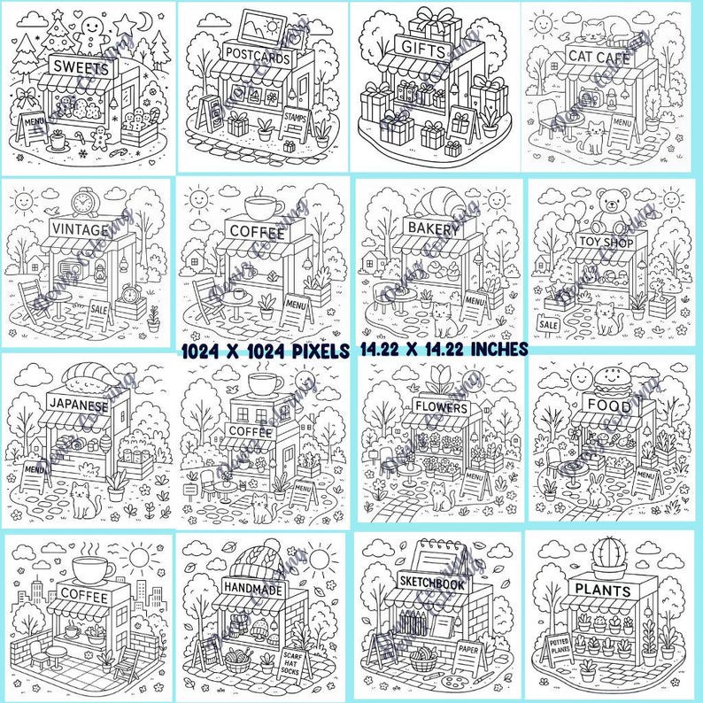 Little Corner Shops Coloring Page for Adults and Kids – Cozy Cute ...