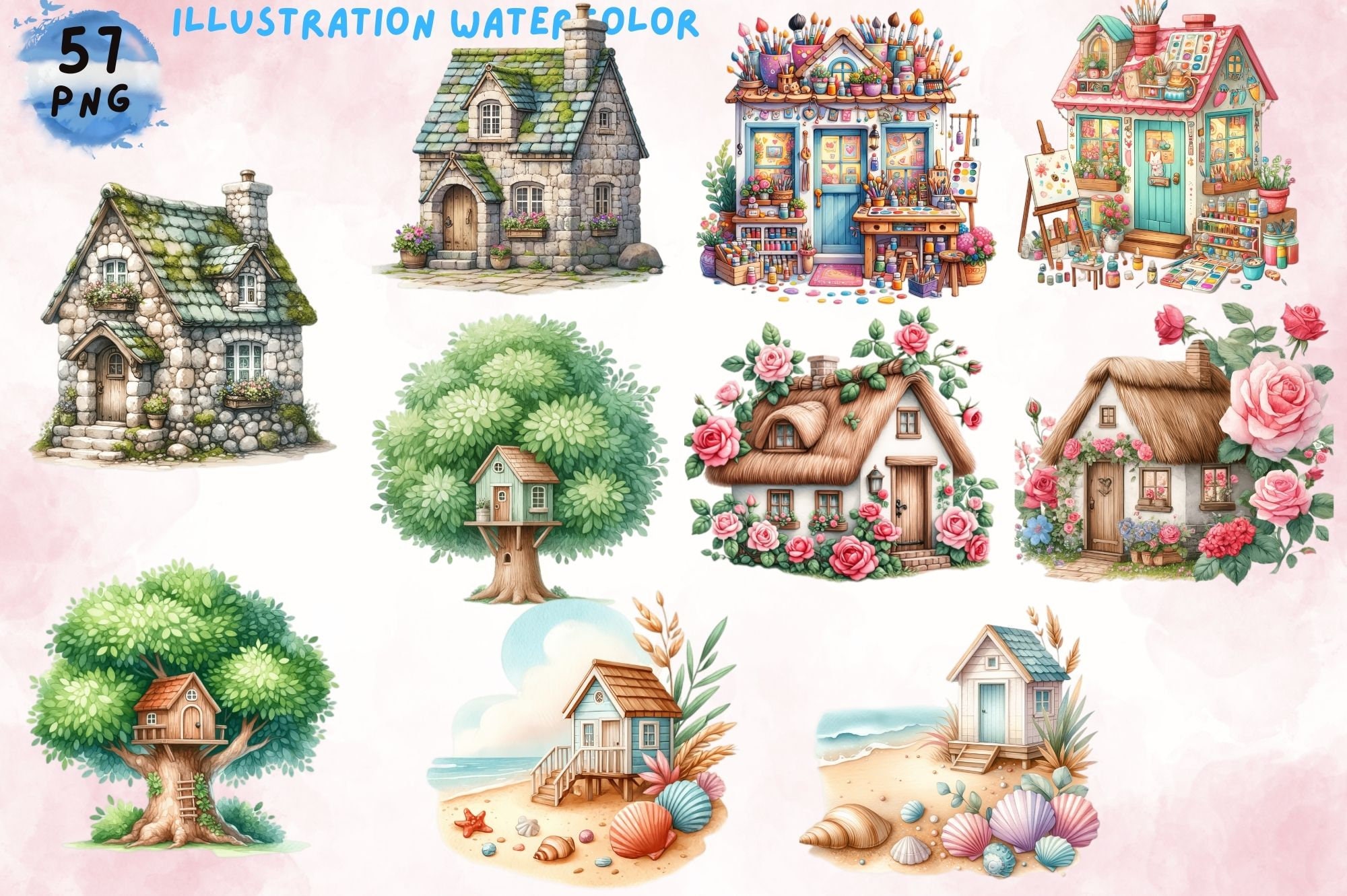 Tiny House Clipart: Watercolor Cottage Illustration (PNG) - Etsy