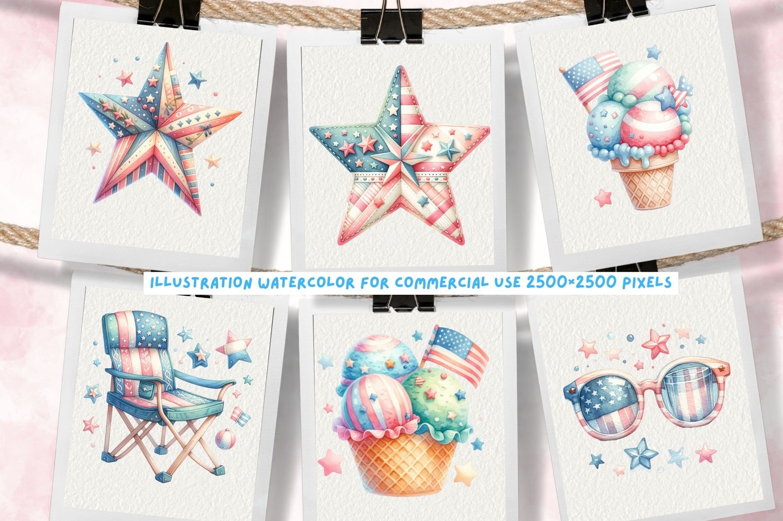 Cute Independence Day Clipart, 4th of July Watercolor Clipart Bundle ...