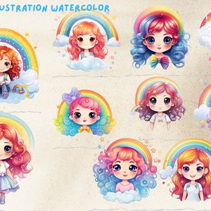 Cute Rainbow Girl Watercolor Clip Art, Rainbows Clipart, Cute Nursery ...