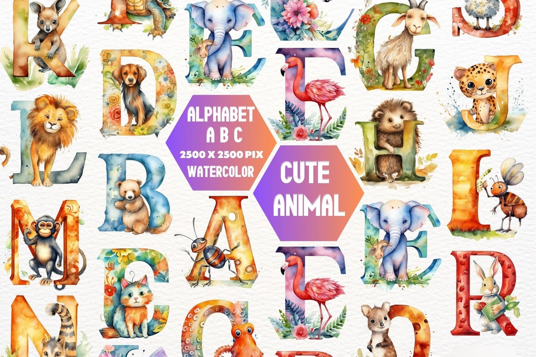 Cute Animal Alphabet Digital Watercolor Clipart, Cute ABC Clipart ...