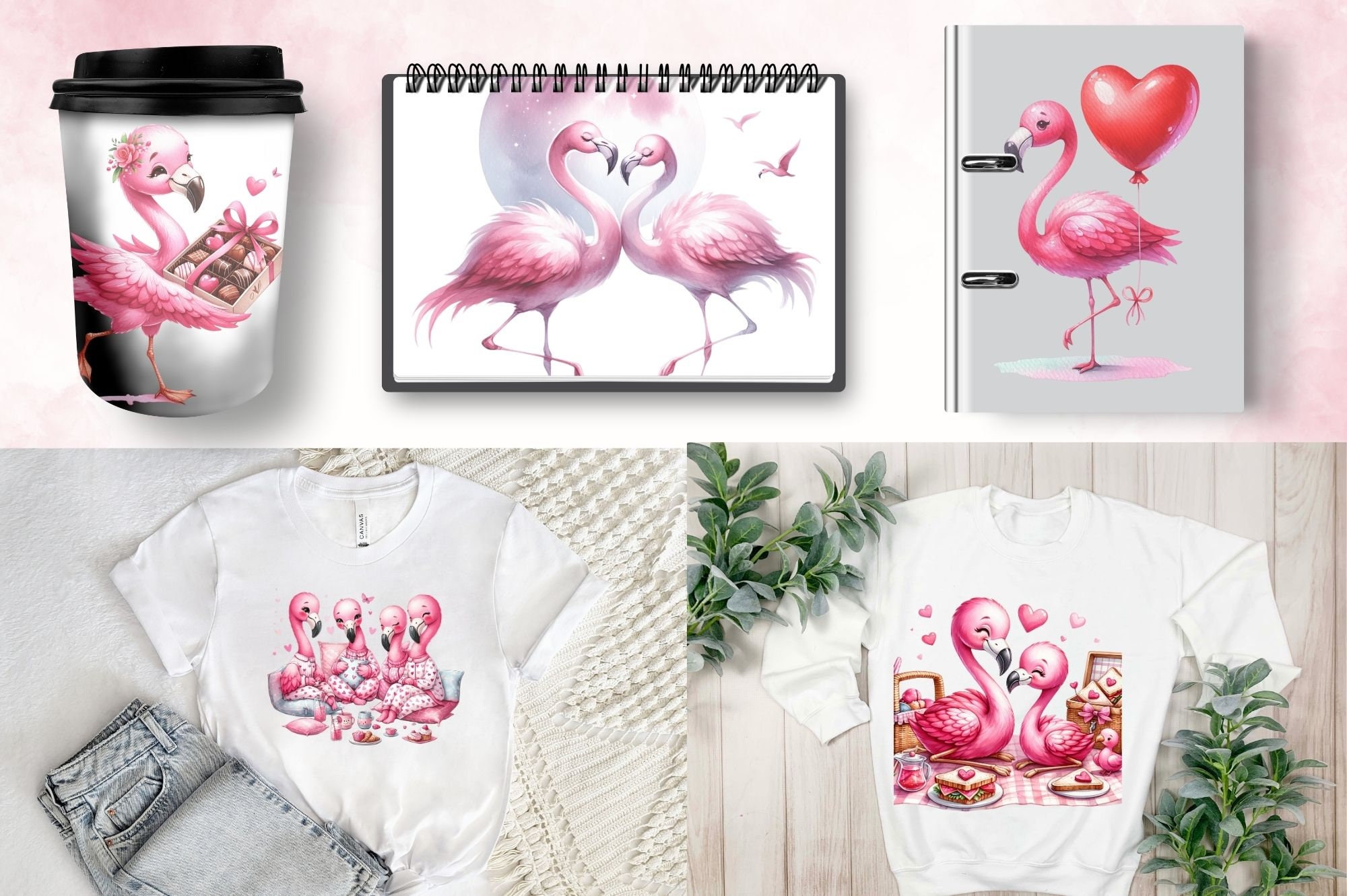 Valentines Flamingos Watercolor Clipart, Cute Valentine Flamingo ...