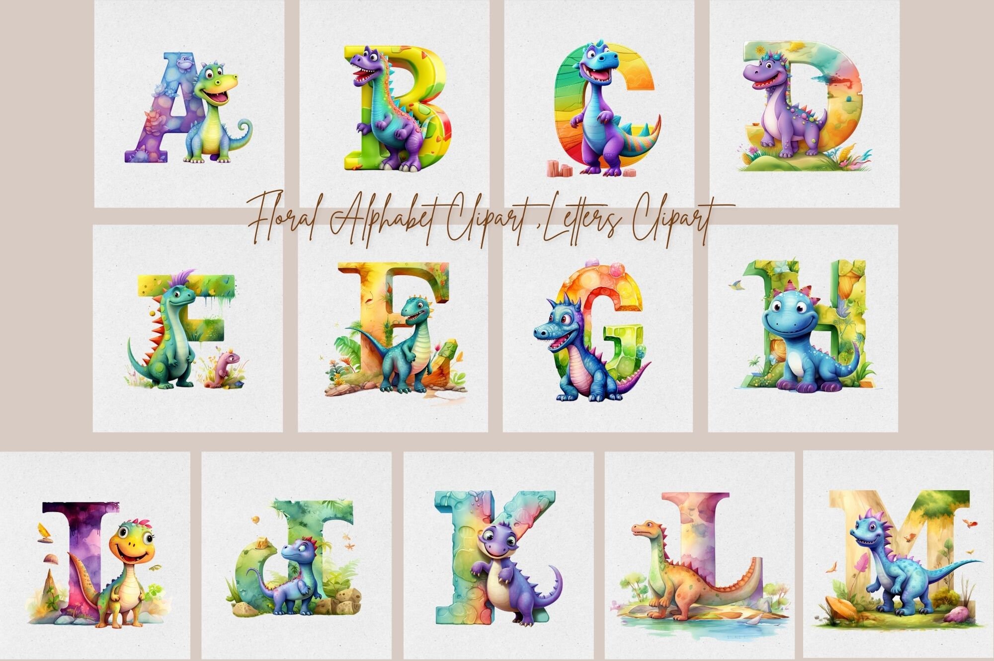 Dinosaur Alphabet Clipart: Watercolor Cartoon Letters (PNG) - Etsy