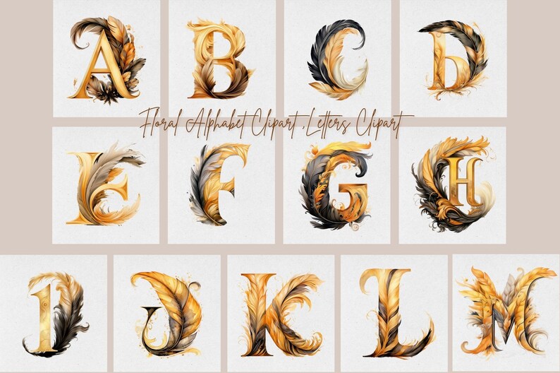 Golden Feather Alphabet Clipart , Gold and Silver Feathers Alphabet ...