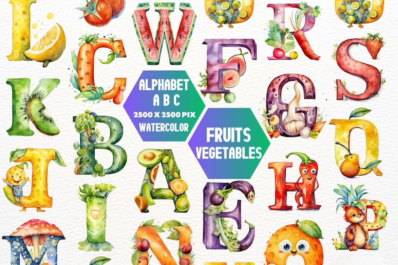 Fruits and Vegetables Alphabet Clipart, Vegetables Letterst, Fruit and ...