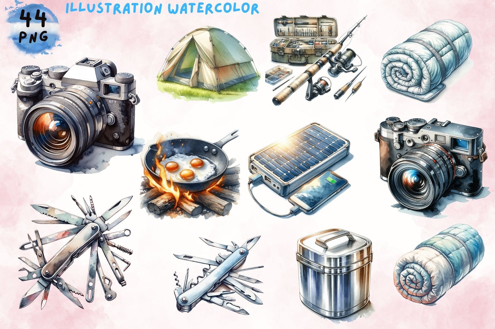 Camping Watercolor Clipart, Outdoor Camp, Bonfire, Backpack, Tent ...