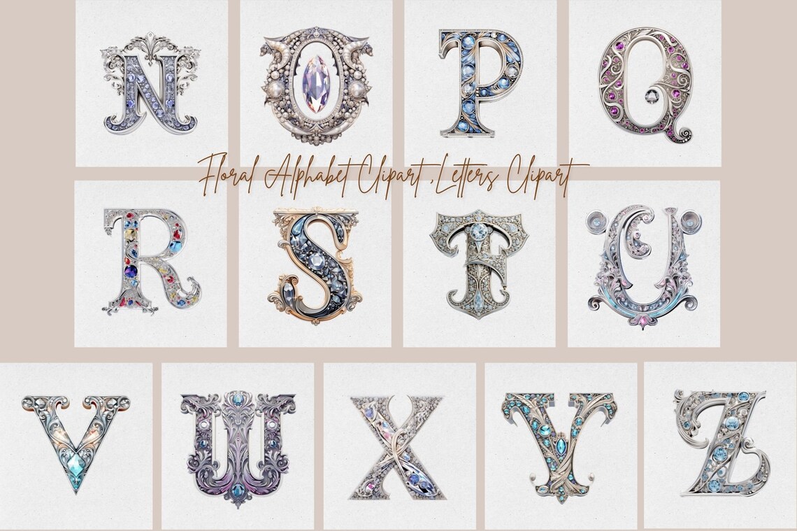 Platinum Iridescent Diamonds Alphabet , Gold Satin and Diamond Alphabet ...
