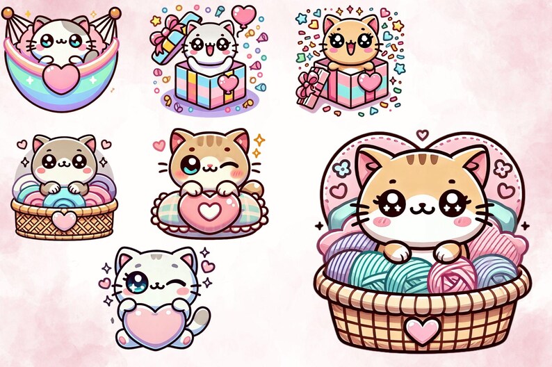 Kawaii Mini Cats Clipart, Cute Cat Digital Stickers for Scrapbooking ...