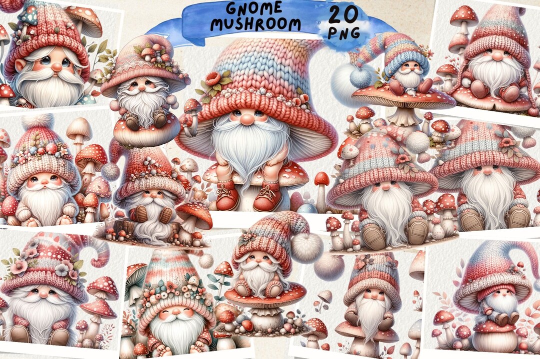 Mushroom Garden Gnomes Watercolor Clipart: Fantasy Florals (PNG) - Etsy