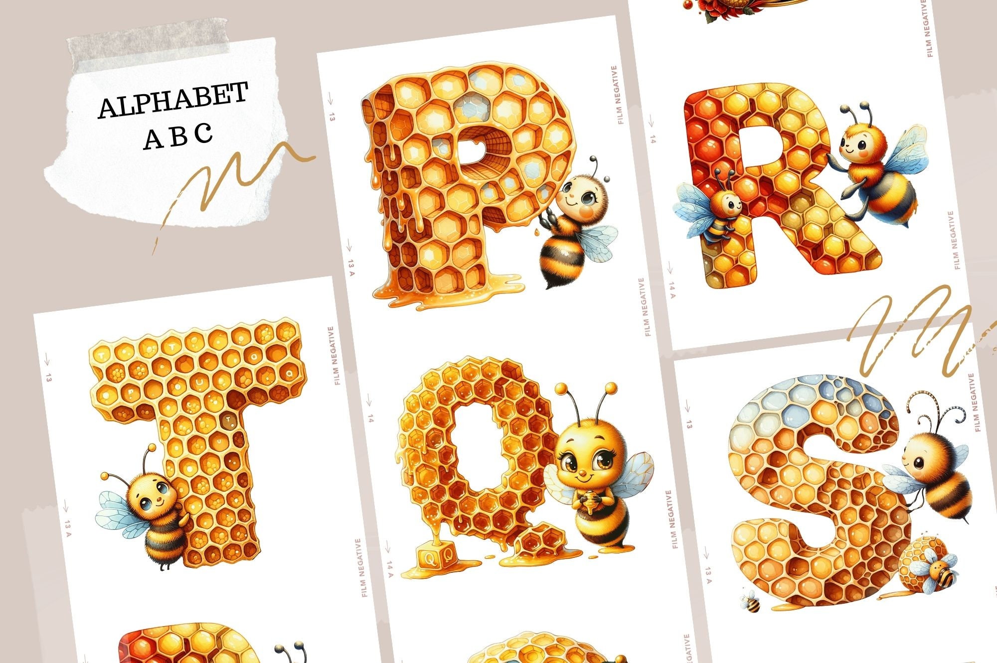 Honey Bee Clipart: Honeycomb Doodle Alphabet (PNG) - Etsy