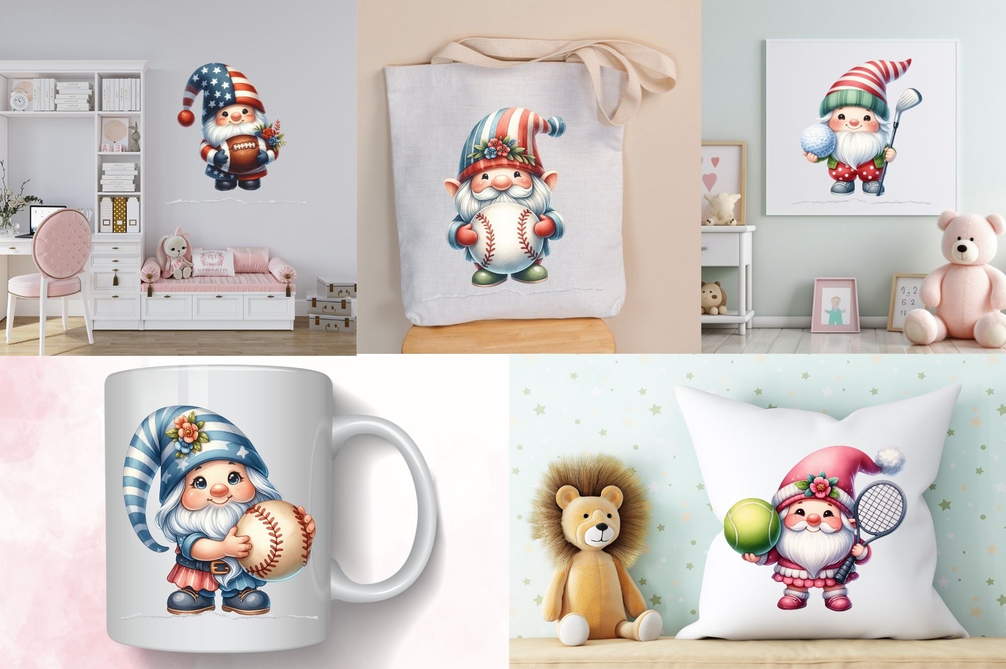 Sports Gnomes Clipart, Game Day, Sports Sublimate, Baseball, Basketball ...