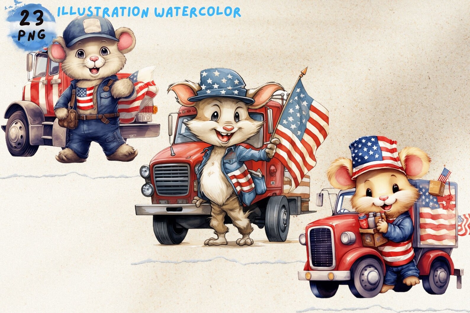 Cartoon Trucker USA Flag Watercolor Clipart Png, Trucks Boys Clipart ...