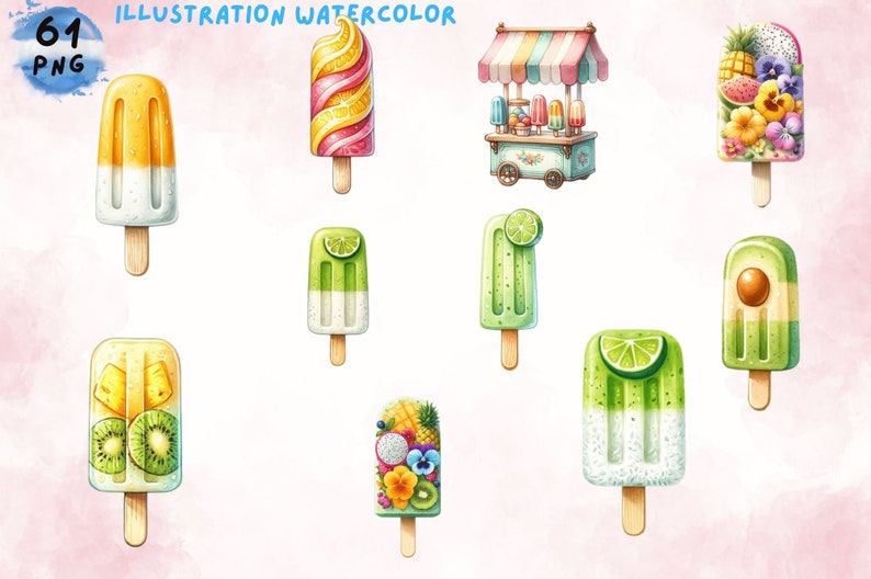 Pastel Summer Popsicle Clipart: Watercolor Ice Cream Pngs (digital ...
