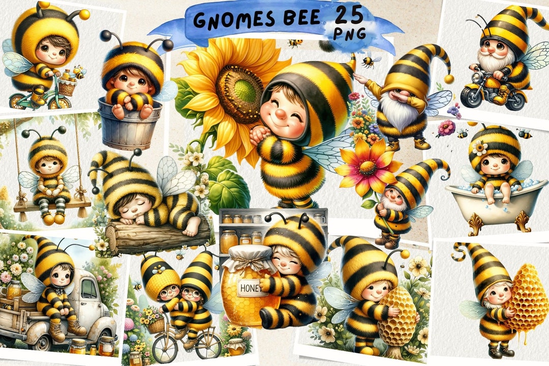 Bumble Bee Gnomes Clipart, Honey Bee Gnomes, Watercolor Gnomes Clipart ...
