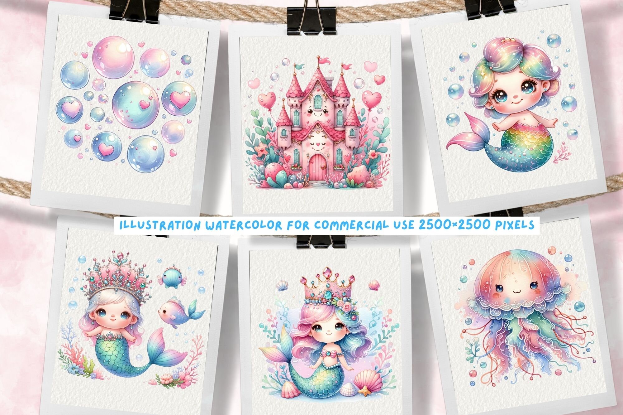 Watercolor Mermaid Clipart: Pink Hair, Digital Scrapbooking (PNG) - Etsy