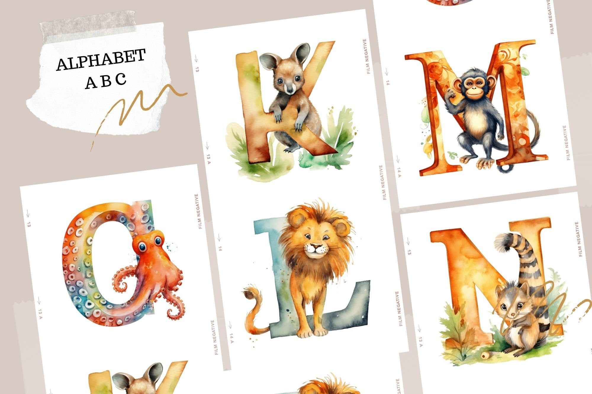 Cute Animal Alphabet Digital Watercolor Clipart Cute ABC - Etsy