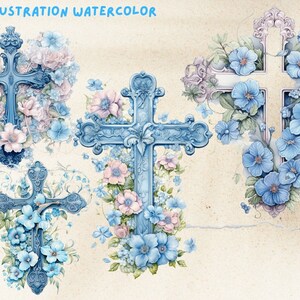 Blue Crosses Watercolor Clipart, Floral Cross Clipart, Wooden Cross ...