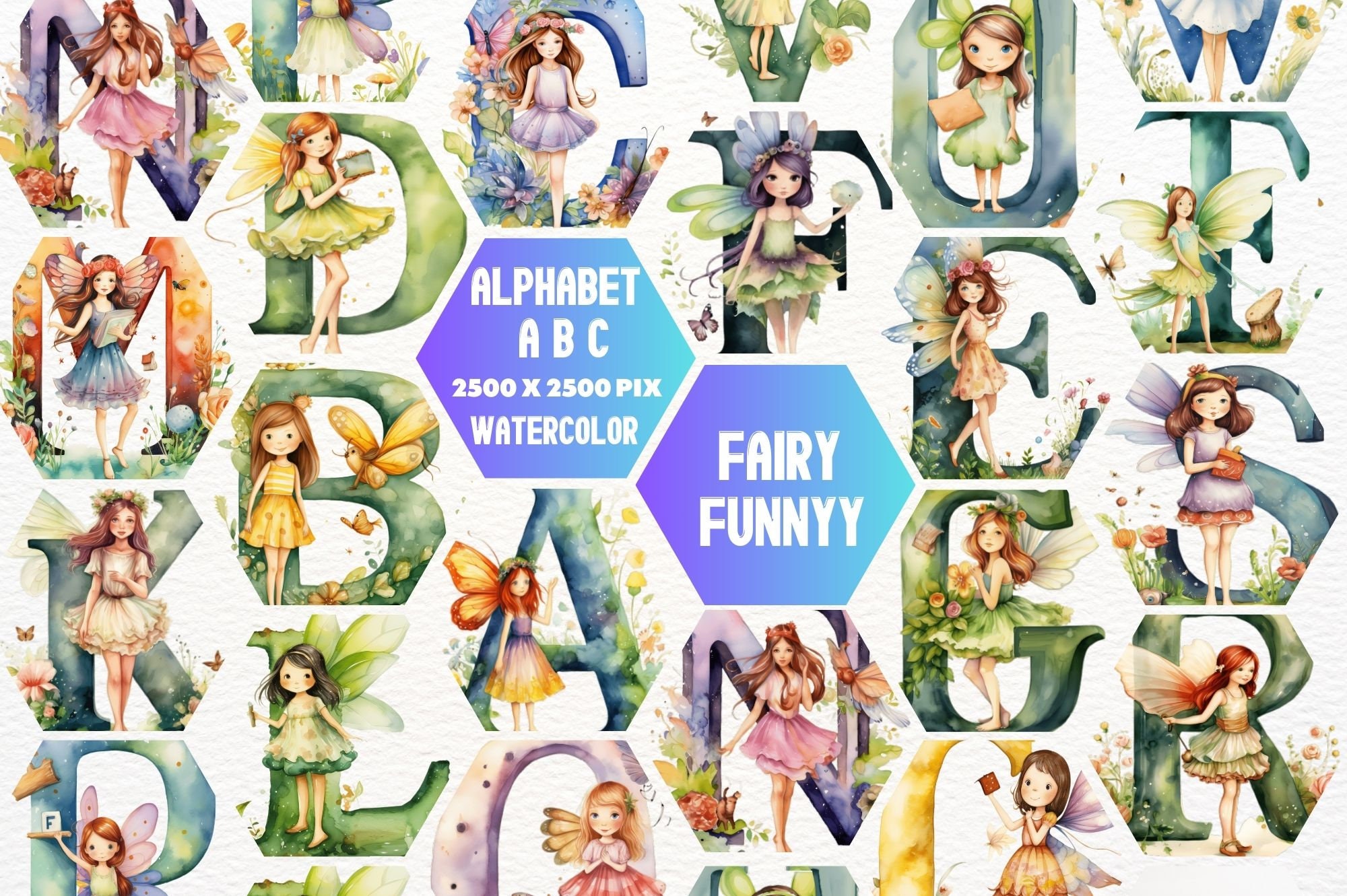 ABC Magical Fairy Watercolor Clipart, Alphabet, Letters, a to Z, Card ...
