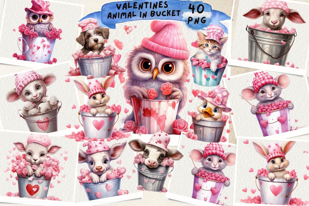 Valentine's Day Animals Clipart, Animal in Bucket, Romantic Animals ...