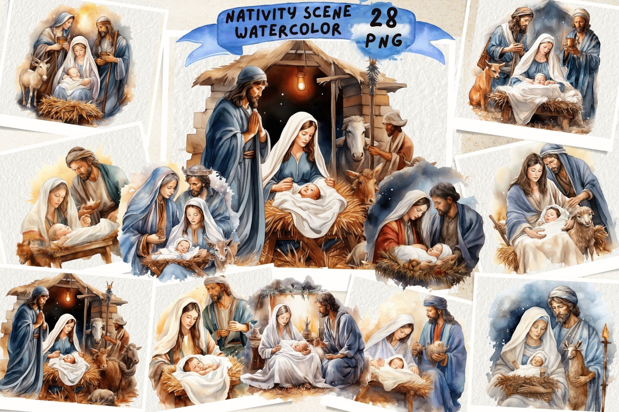 Watercolor Nativity Scene Clipart, Christmas Nativity Set Clipart ...