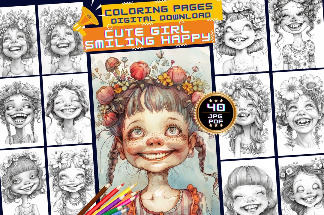 Girl Smiling Happy Coloring Page, Smiling Girl Flowers Portrait ...