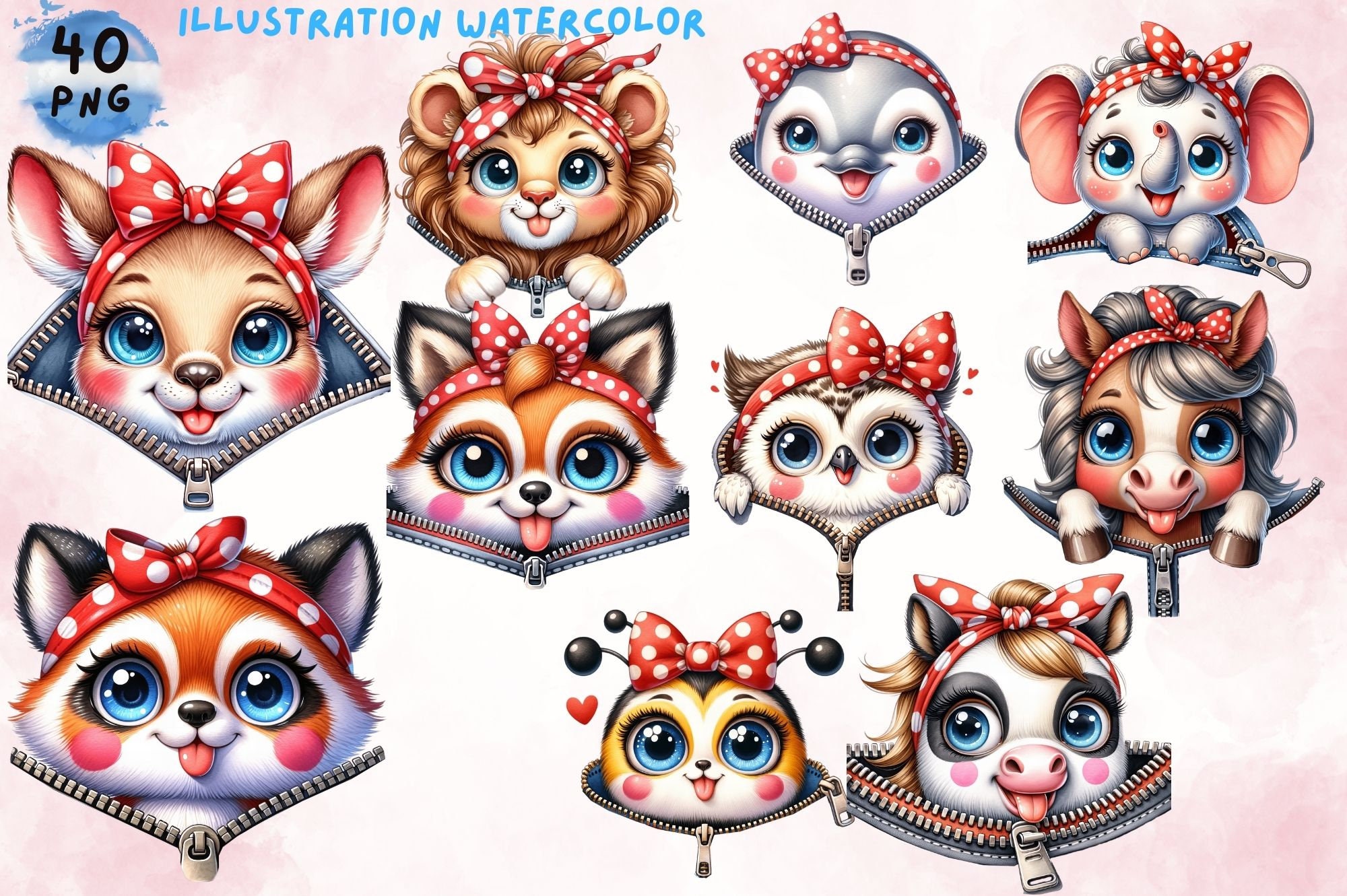 Cute Zipper Animals Clipart, Watercolor Baby Animals Graphics, Animals ...