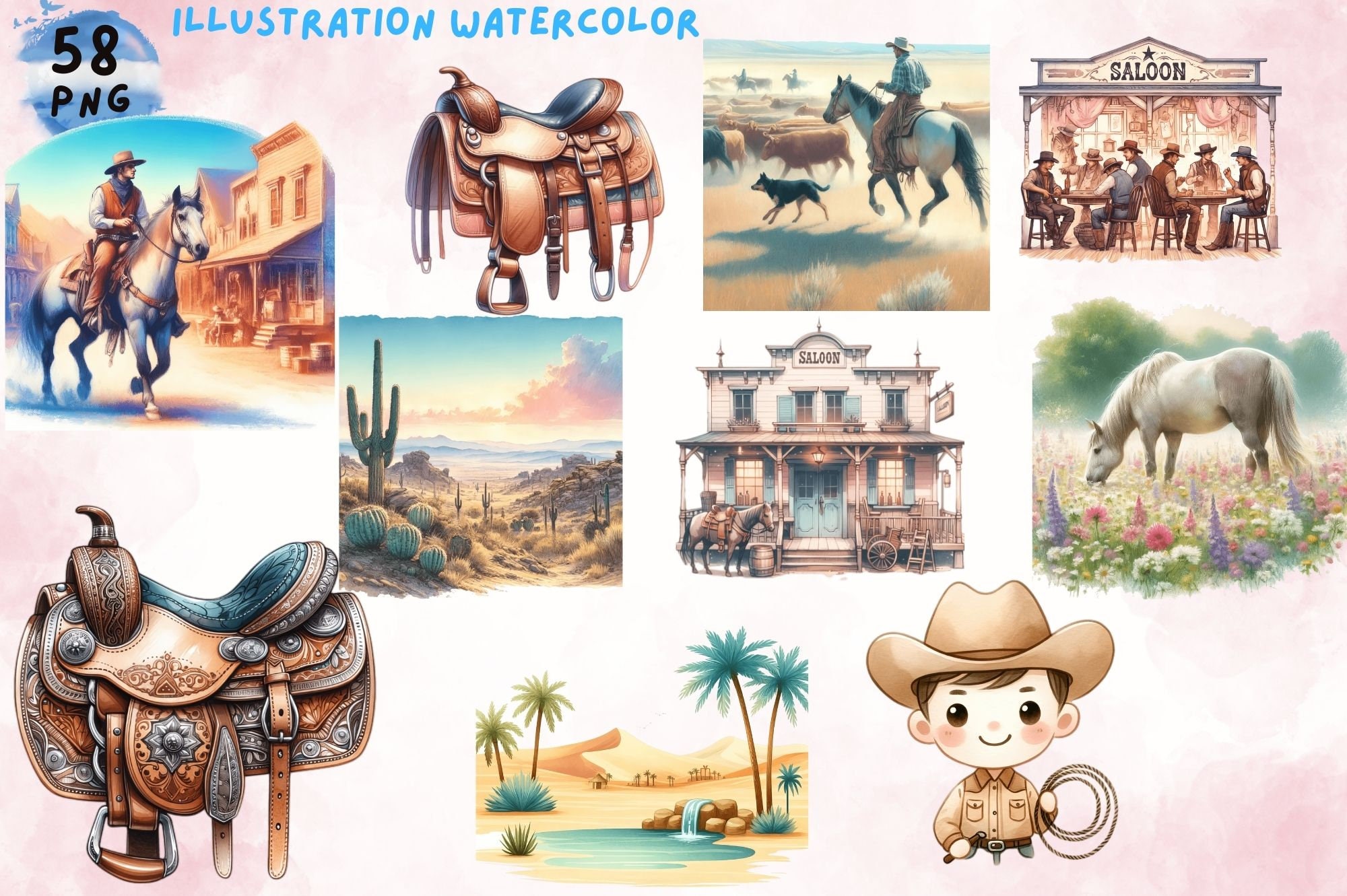 Western Watercolor Clipart, Horse Ranch Cowboy, Cowboy Clipart Cowgirl ...
