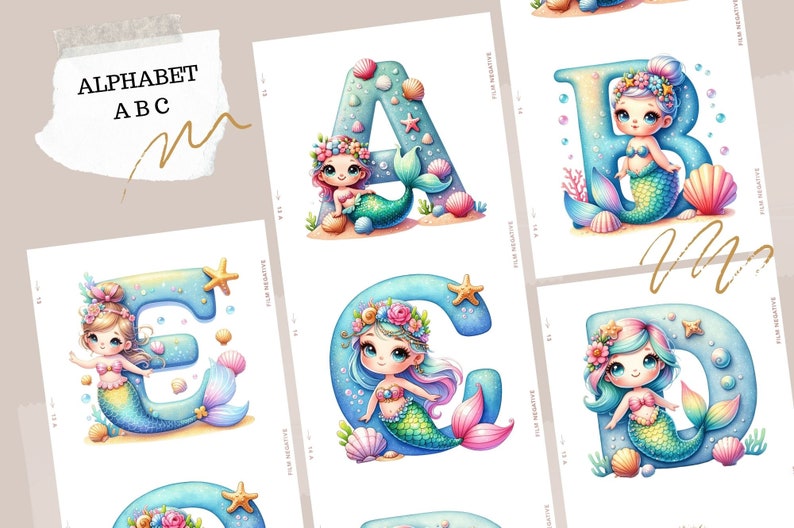 Mermaid Alphabet Clipart: Doodle Watercolor Letters (PNG) - Etsy