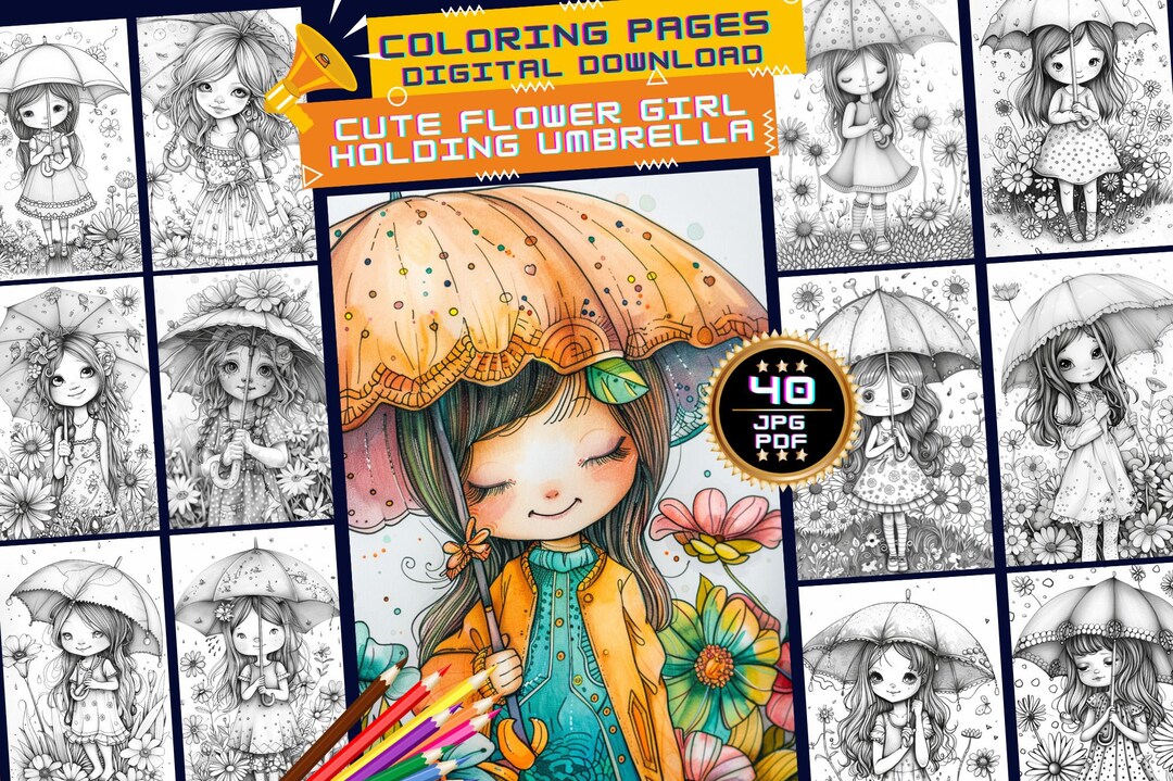 Little Girl With Umbrella Coloring Pages, Cute Flower Girl Holding an ...