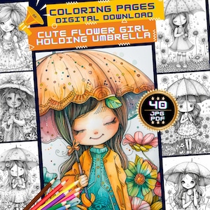 Little Girl With Umbrella Coloring Pages, Cute Flower Girl Holding an ...