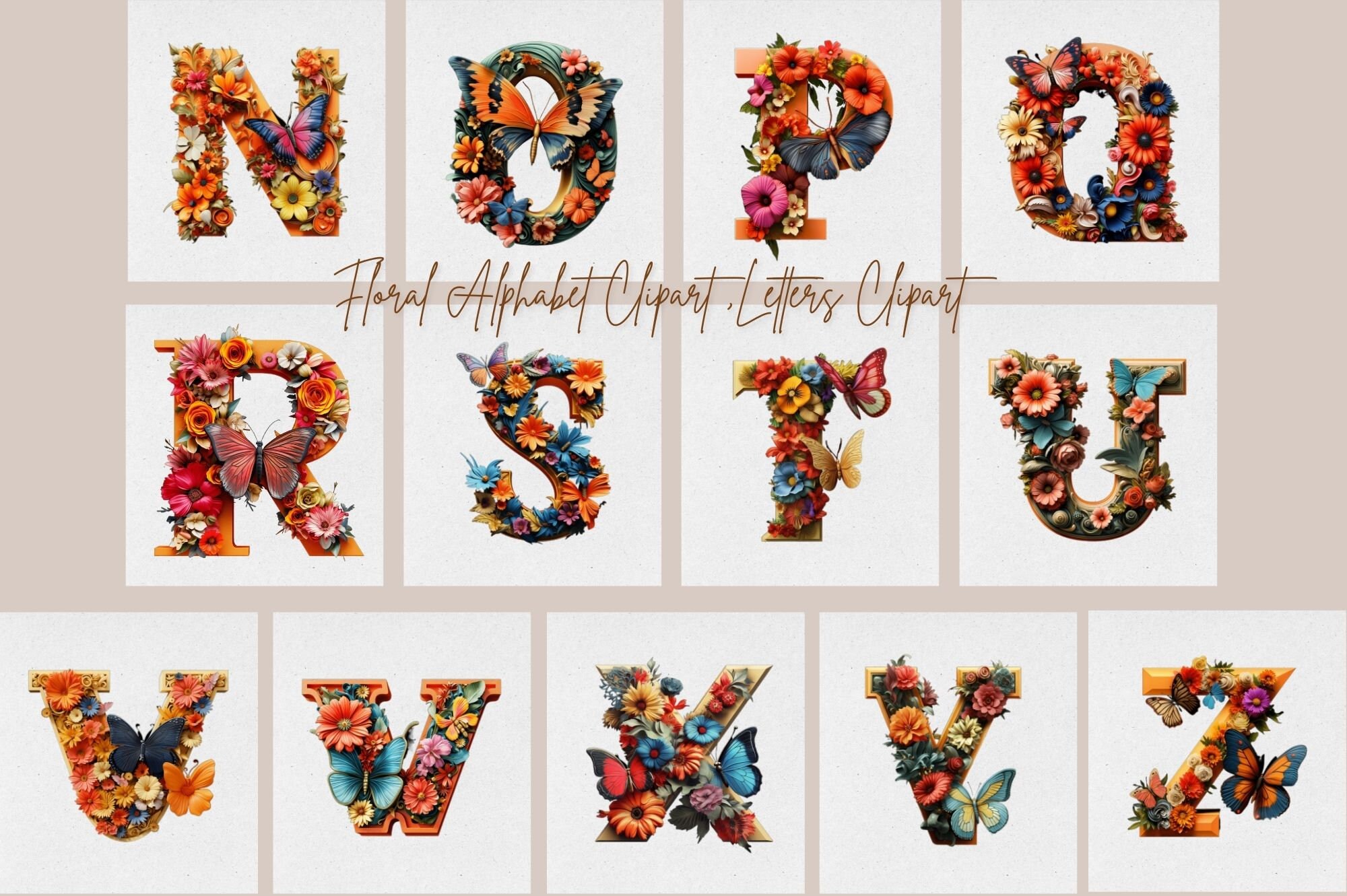 3D Flowers Alphabet Letters Butterfly Alphabet Cliparts - Etsy