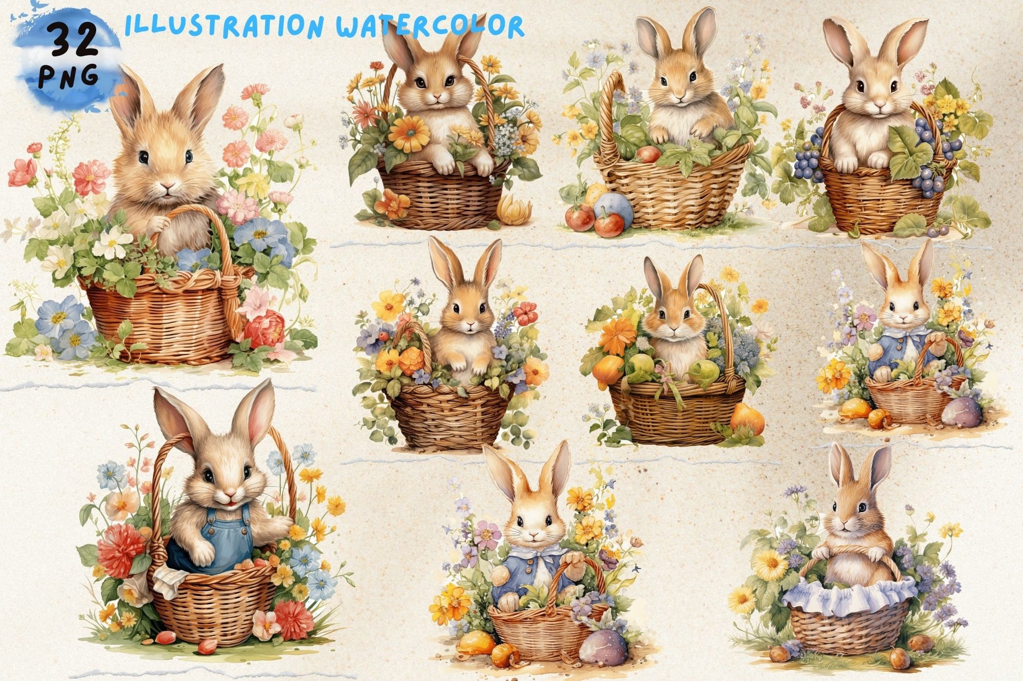 Rabbit in Basket Clipart Watercolor Bunny Clipart Vintage - Etsy