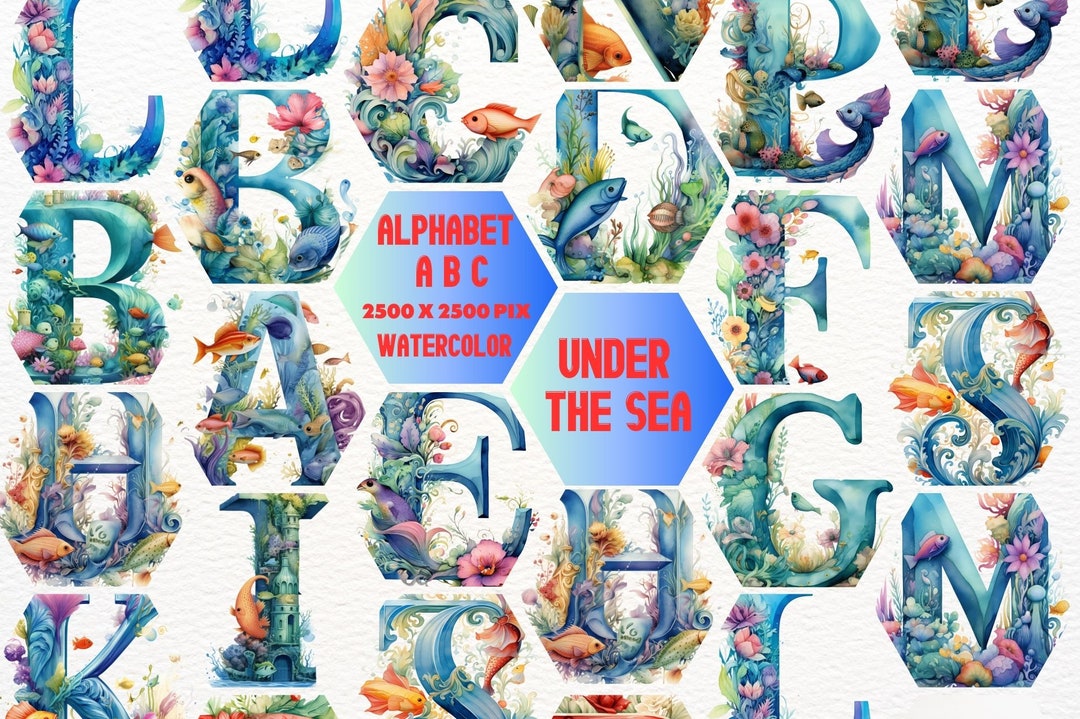 Alphabet Under Ocean and Coral Clipart, Underwater World Watercolor ...