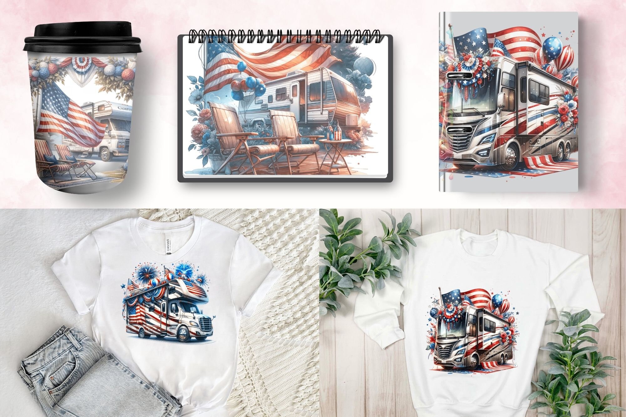 Camper Trailer Patriotic Clipart Bundle, Camper American Flag, 4th of ...