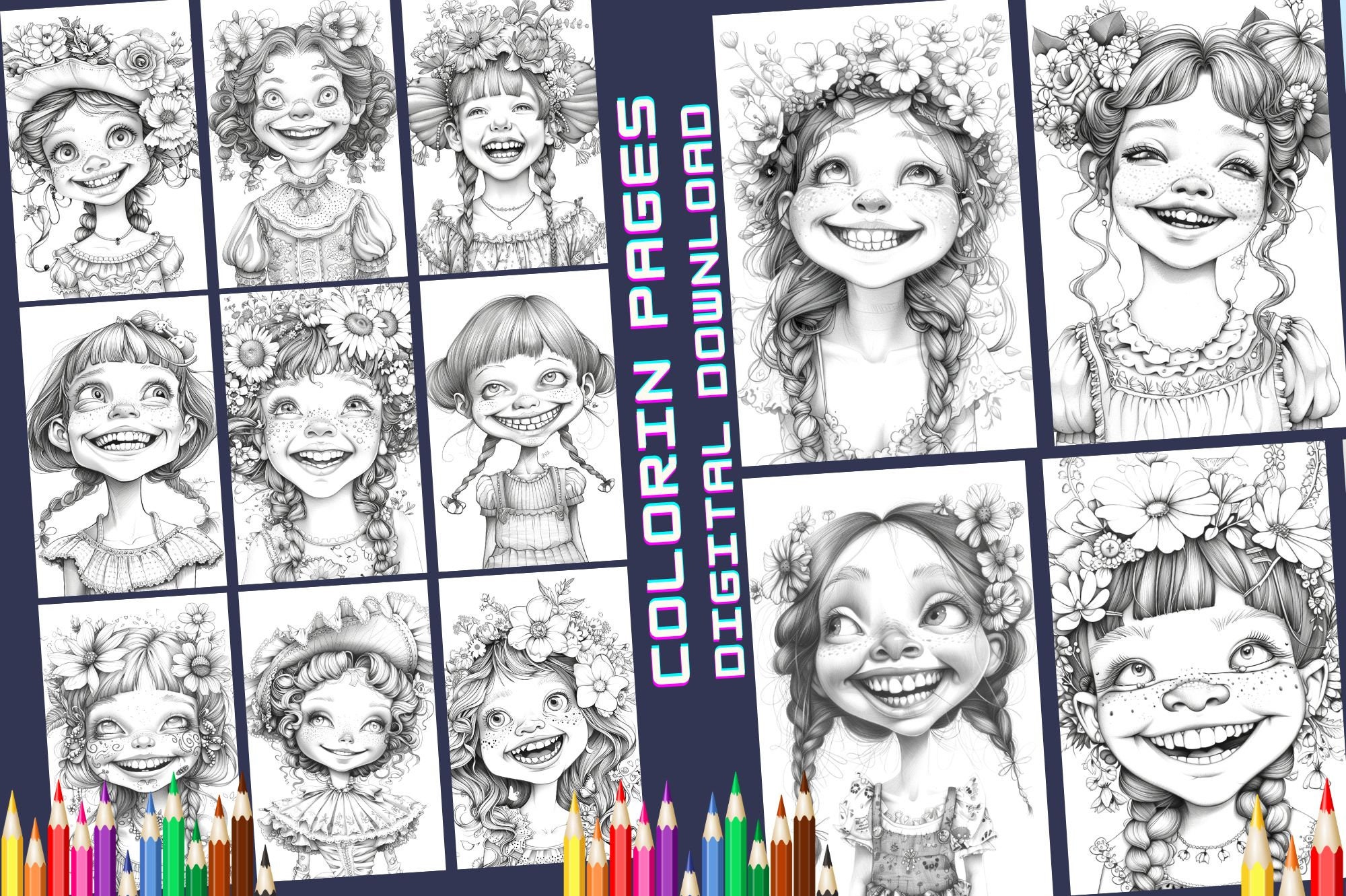 Girl Smiling Happy Coloring Page, Smiling Girl Flowers Portrait ...