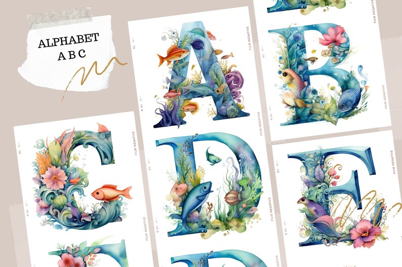 Ocean Alphabet Clipart: Underwater Watercolor Letters (digital Download ...