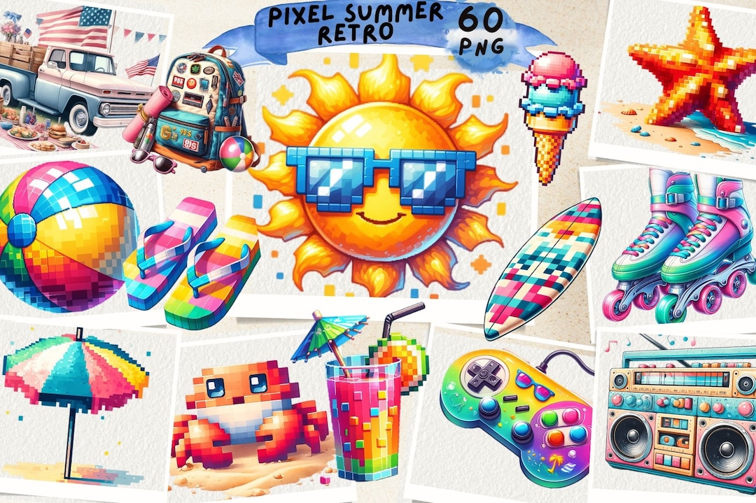 Pixel Summer Watercolor Clipart, Pixel Beach Clipart, Pixel Game ...