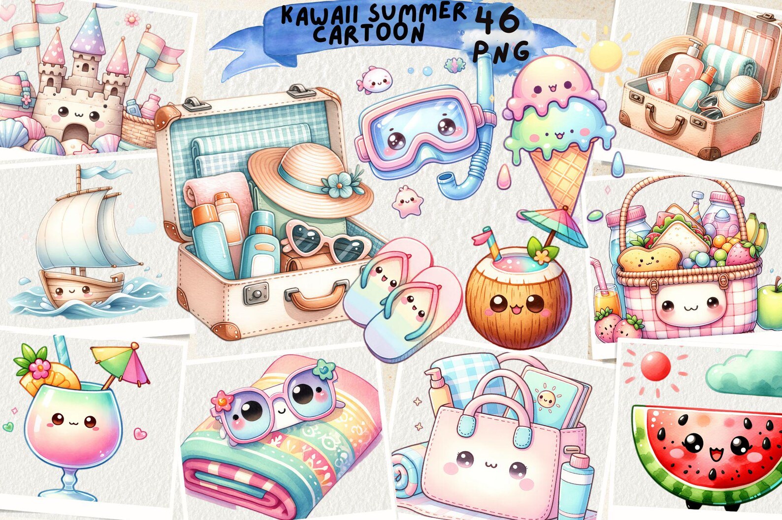 Kawaii Beach Clipart, Summer Clipart, Cute Kawaii Cartoon Characters ...