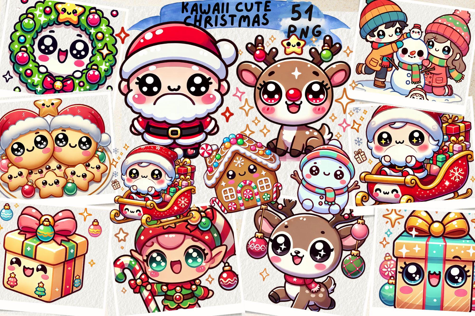 Kawaii Cute Christmas Clipart, Digital Holiday Art Cards, Invitations ...