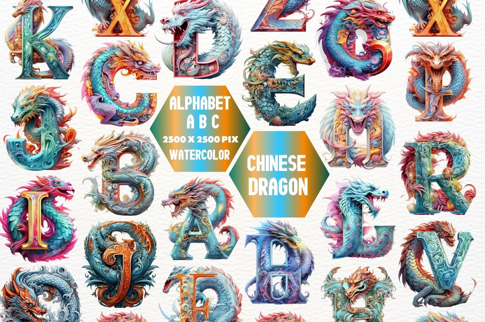 Chinese Dragons Letters Clipart Illuminated, Fantasy Dragon, Alphabet ...