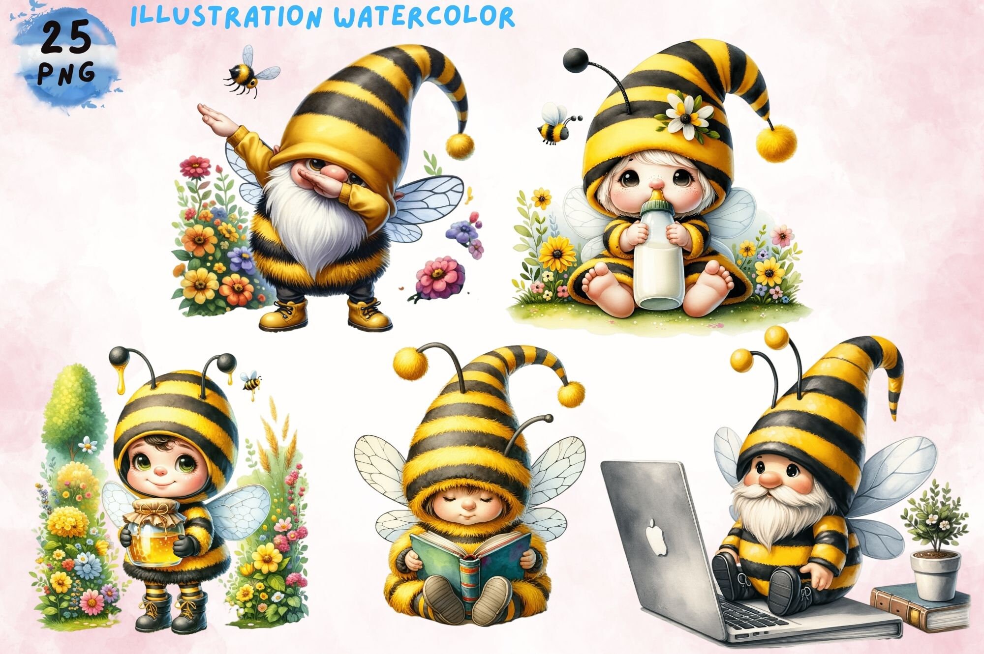 Bumble Bee Gnomes Clipart, Honey Bee Gnomes, Watercolor Gnomes Clipart ...