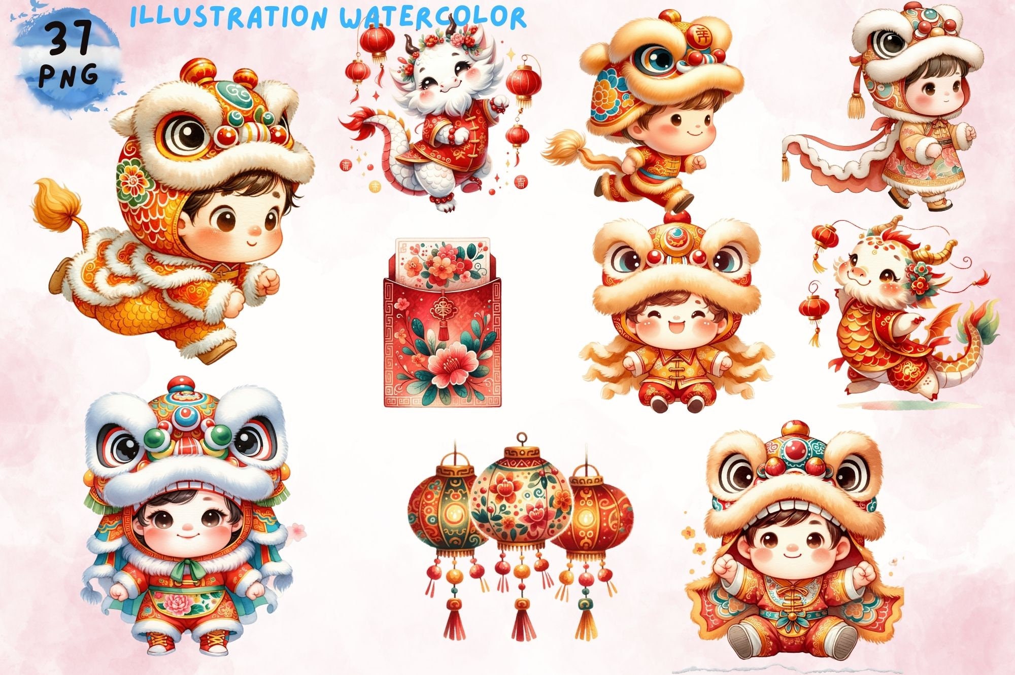 Cute Dragon Watercolor Clipart, Chinese New Year Clipart, Lion Dance ...