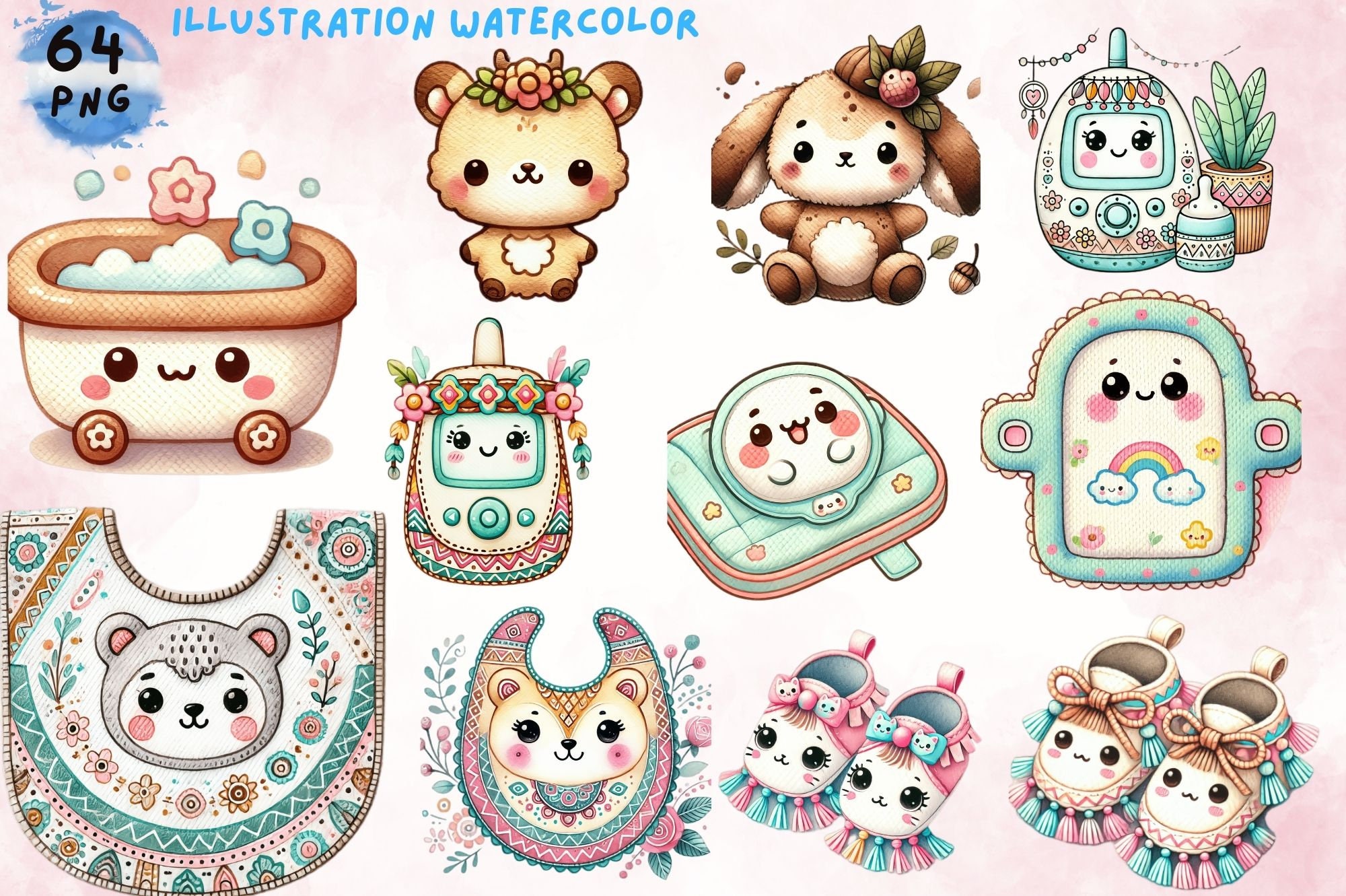 Newborn Boy Watercolor Clipart, Nursery Teddy Bear Art, Baby Toys Wall ...