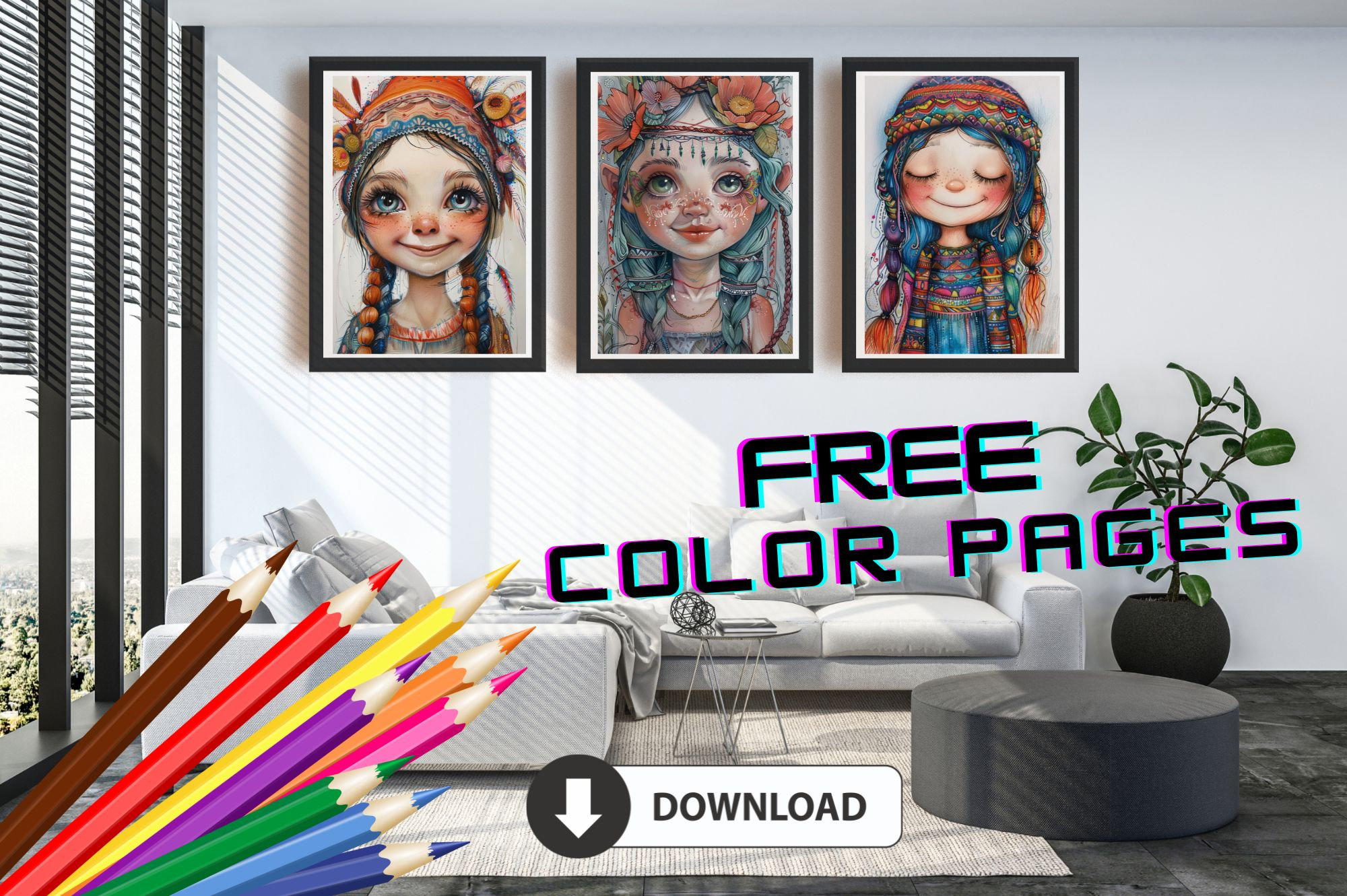 Cute Boho Girl Coloring Pages, Hippie Girl Floral Printable Coloring ...