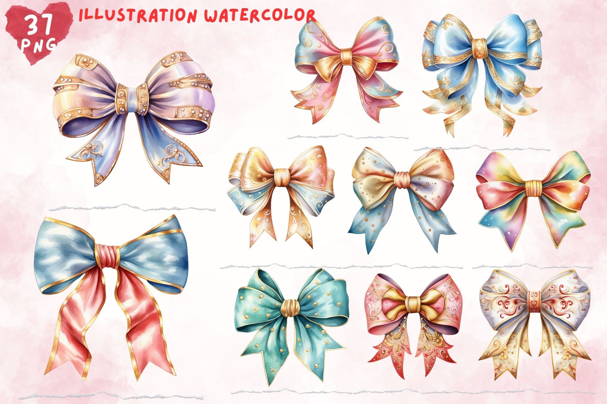 Bow Pastel Clipart, Metallic Bow Clipart, Watercolor Bows, Quality Rose ...