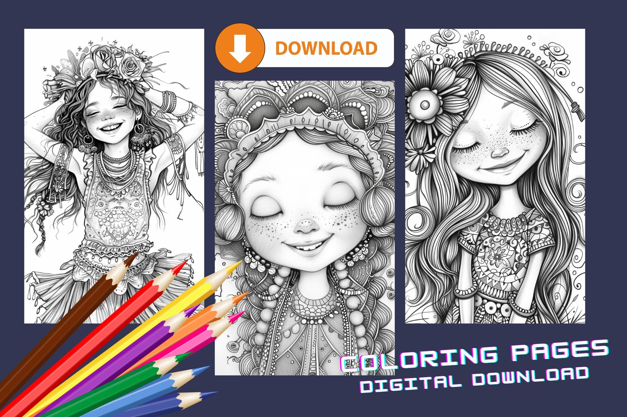 Bohemian Style Girls Coloring Pages, Printable PDF, Boho Rustic Fashion ...
