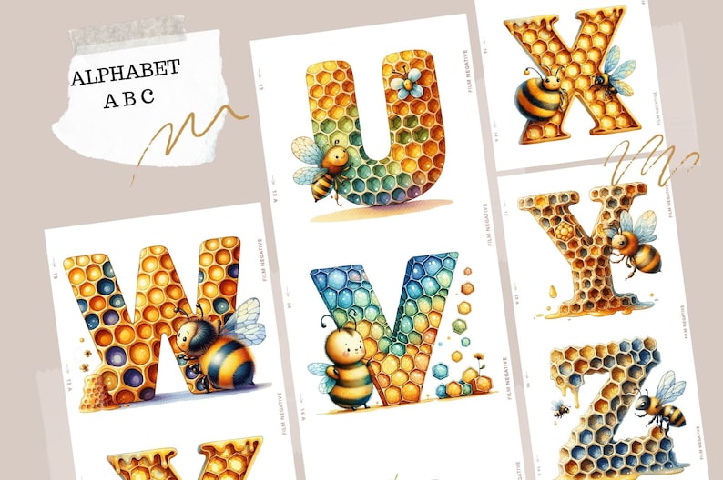 Honey Bee Clipart: Honeycomb Doodle Alphabet (PNG) - Etsy