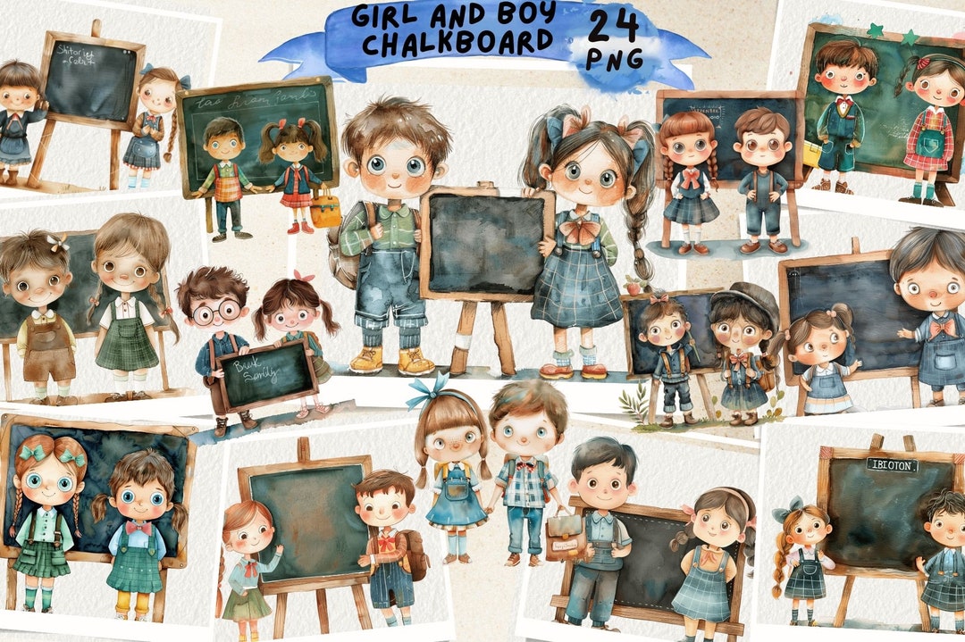 Girl and Boy Chalkboard Clipart, Back to School, Chalkboard School ...